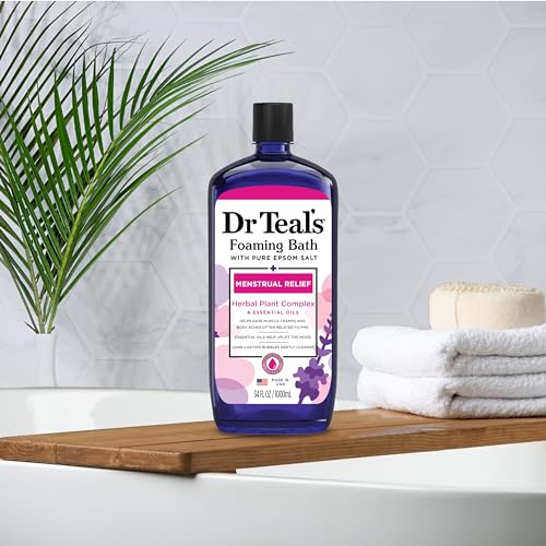 Dr Teal's Foaming Bath with Pure Epsom Salt Menstrual Relief with Herbal Plant Complex & Essential Oils 34 fl oz (Pack of 4) (Packaging May Vary)