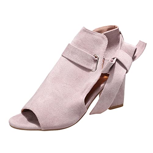 FASDNENDYS Women Flock Solid Color Buckle Strap Casual Peep Toe Bow Tie High Heels Single Shoes Sandals Womens Sandals 10 Flat