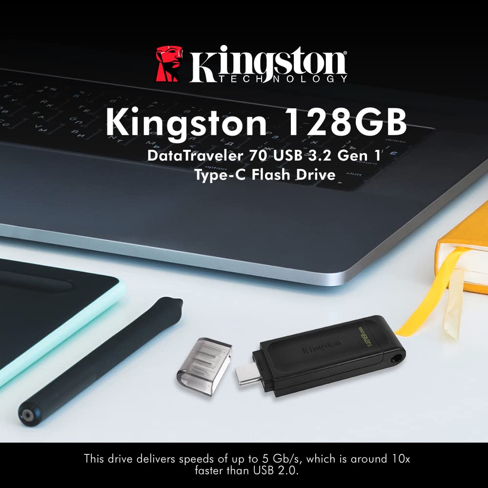 Kingston 128GB DataTraveler 70 Portable and Lightweight USB-C Flash Drive - DT70/128GB (5 Pack) w/ USB 3.2 Gen 1 Type-C Connection up to 5 GB/s + Xpix Bundle That Includes a Microfiber Cleaning Cloth