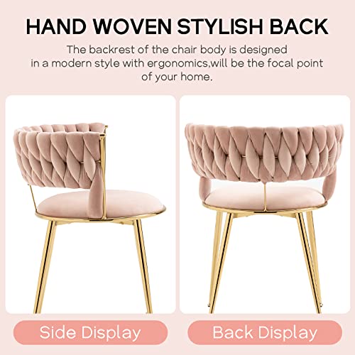 LETESA Velvet Dining Chairs Set of 2 with Hand Woven Hollow Backrest Design, Modern Upholstered Accent Chairs with Gold Metal Legs, Vanity Chairs for Dining Room, Living Room (Pink)