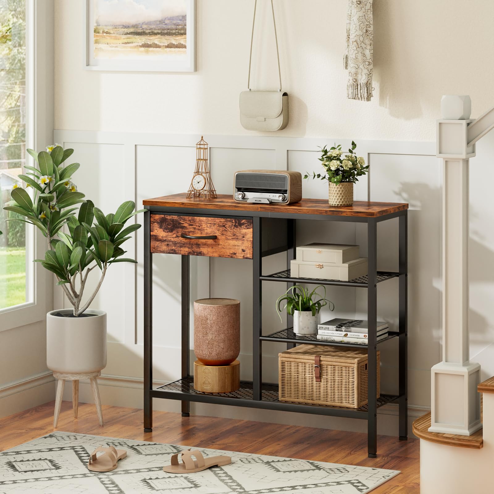 Furnulem Entryway Table Industrial 31.5" Sofa Console Table with Metal Mesh Shelf,Storage Fabric Drawer 4-Tier Shoe Rack Side Table for Front Door,Foyer-Wooden Top and Sturdy Steel Frame,Rustic Brown