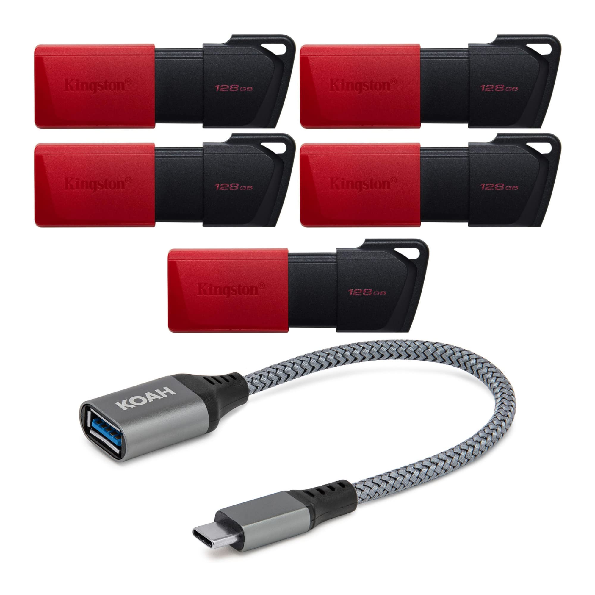 Kingston DataTraveler Exodia 128GB USB Flash Drive (5-Pack) Bundle with USB-C Adapter (6 Items)