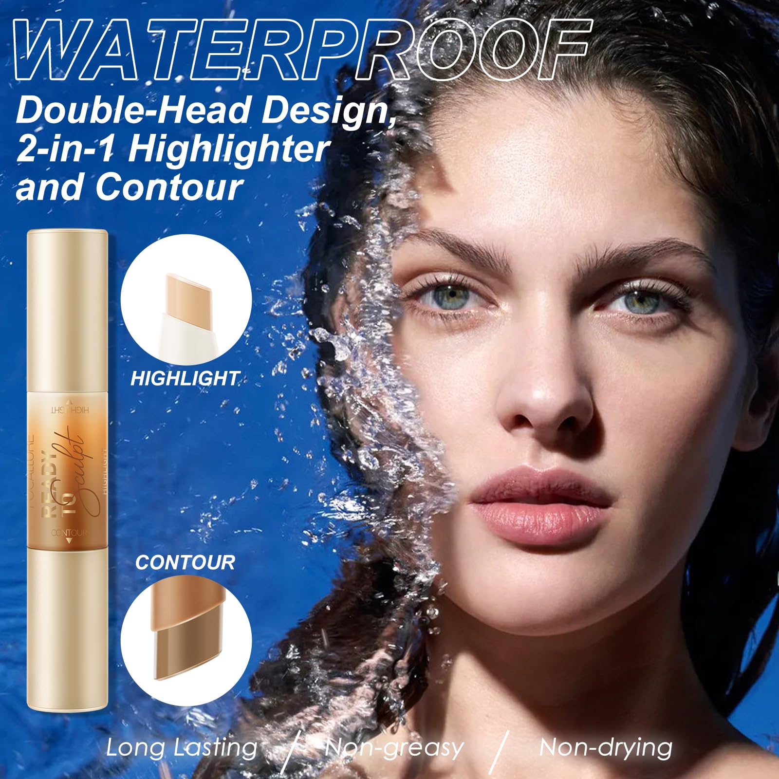 FOCALLURE 2 in 1 Cream Bronzer and Highlighter Stick,Non-greasy & Non-drying Contour Pencil,Easy to Create a Natural Matte Finishing,Long Lasting & Waterproof Face Brighten Make up Pen,LIGHT