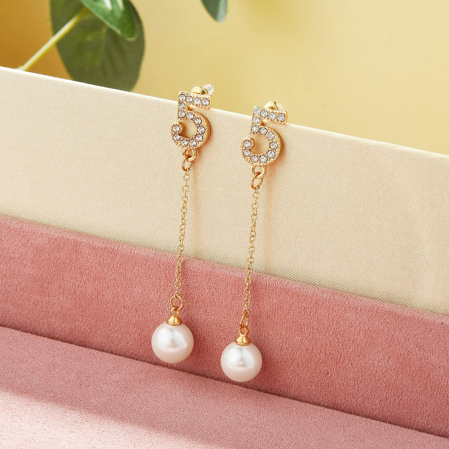 Fashion Design Rhinestone Faux Pearl Lucky Number Five Long Charm Dangle Drop Earrings Studs