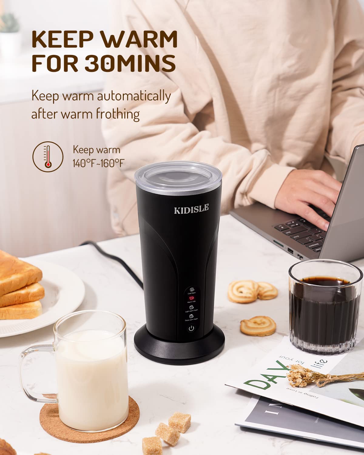KIDISLE 4-in-1 Milk Frother and Steamer, Electric Milk Steamer with Keep Warm Function, Automatic Warm and Cold Foam Maker for Coffee, Latte, Hot Chocolate, Cappuccinos, Macchiato, Black