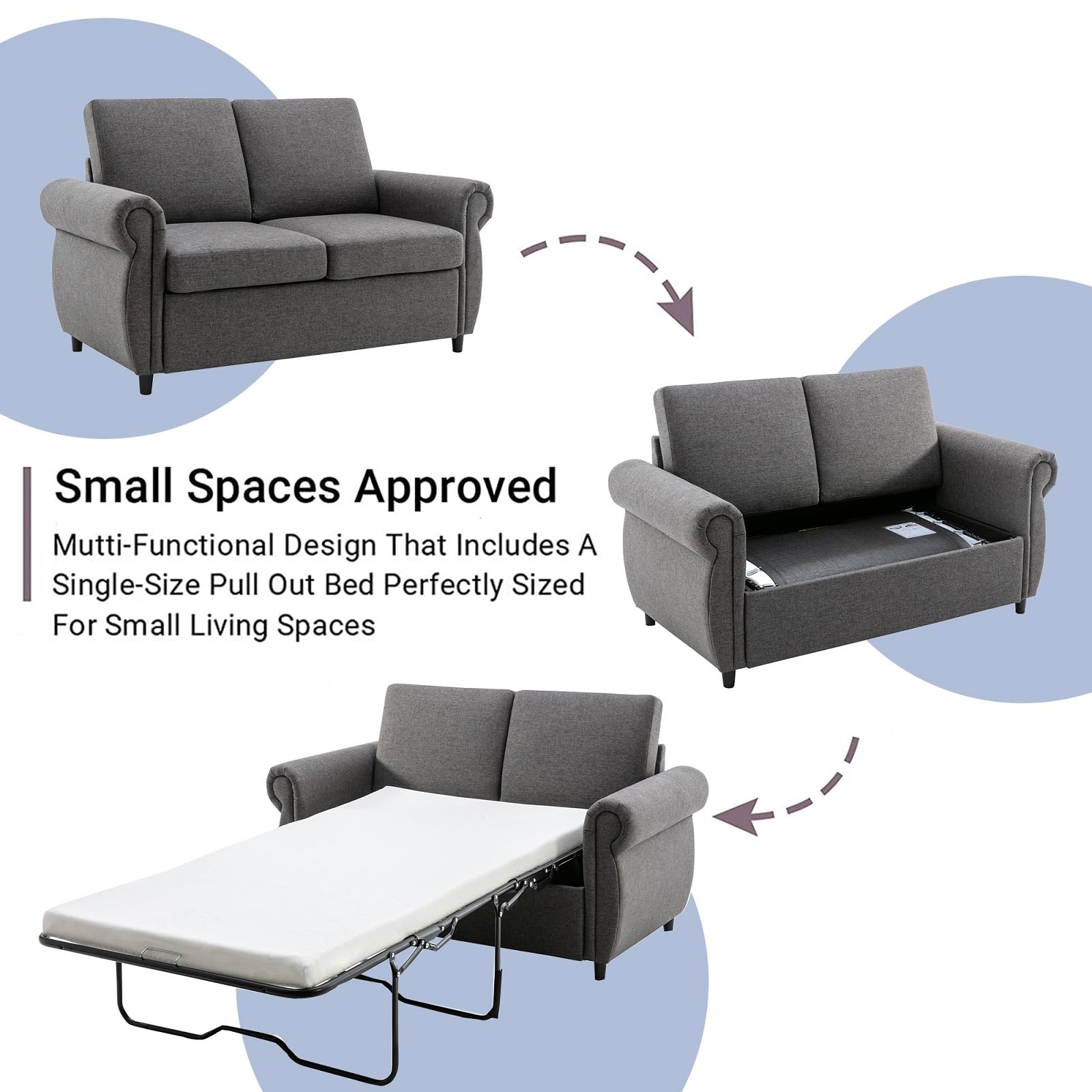 Luoyisimall Chaise Lounge Indoor Convertible Sofa Bed,57.5" Pull Out Futon Loveseat Sleeper w/Twin Size Memory Mattress,2-in-1 Sleeper Sofa Bed for Living Room,Apartment,Small Space (Gray)