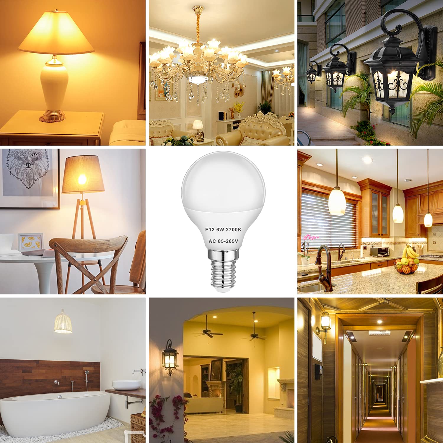 E12 LED Light Bulbs 6W for Ceiling Fan, 60W Equivalent Warm White 2700K Candelabra Round Light Bulbs, Small Base LED Chandelier Golf Ball Light Bulbs, Flicker Free, Not Dimmable, 600LM, 6 Pack