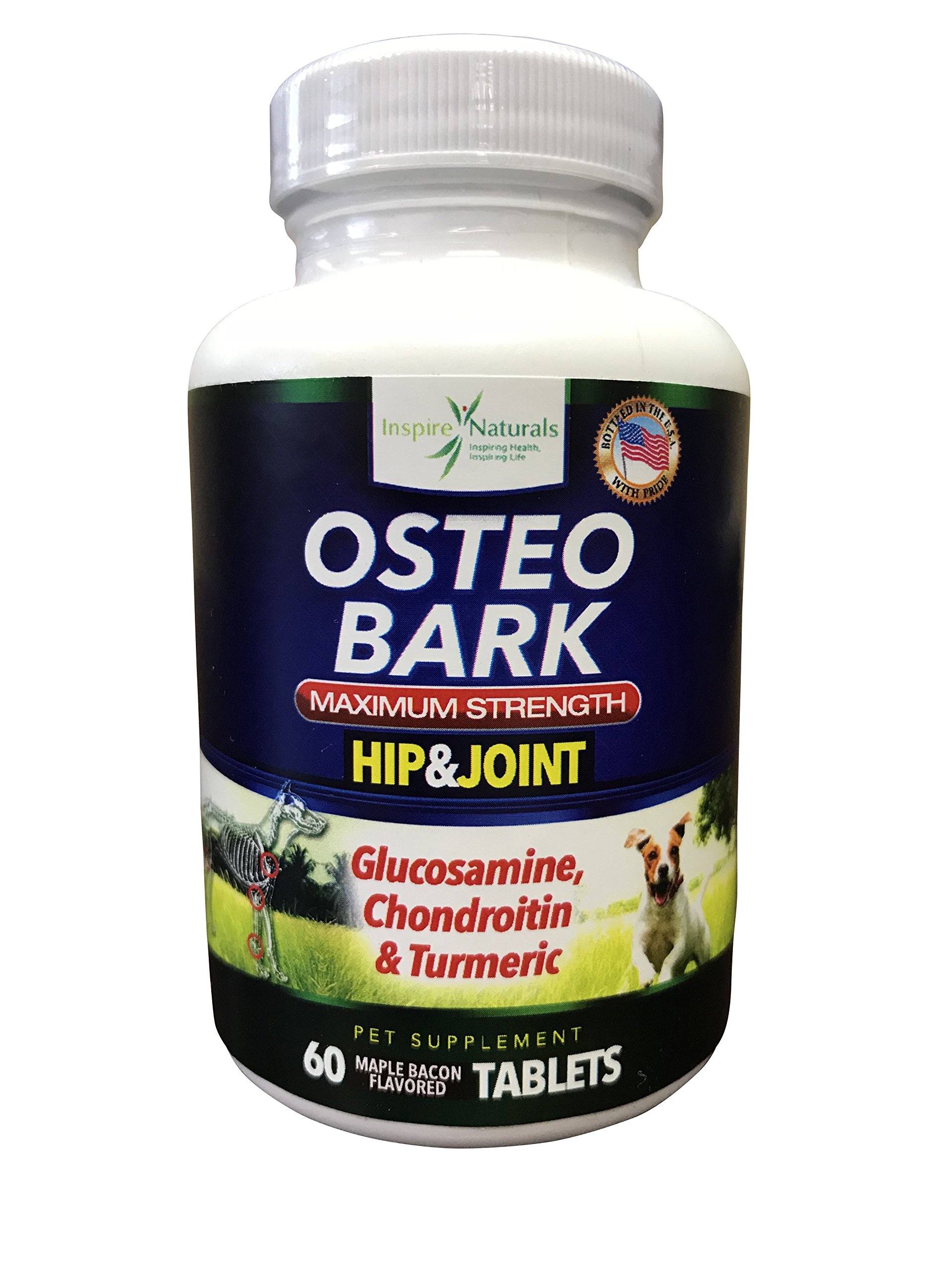OsteoBark Hip & Joint Pet Supplement [Turmeric, Glucosamine, Chondroitin, MSM] Natural Maximum Strength Canine Joint Pain Relief, Eliminate Inflammation, Made in US, Non-GMO, 60 Maple Bacon Tablets