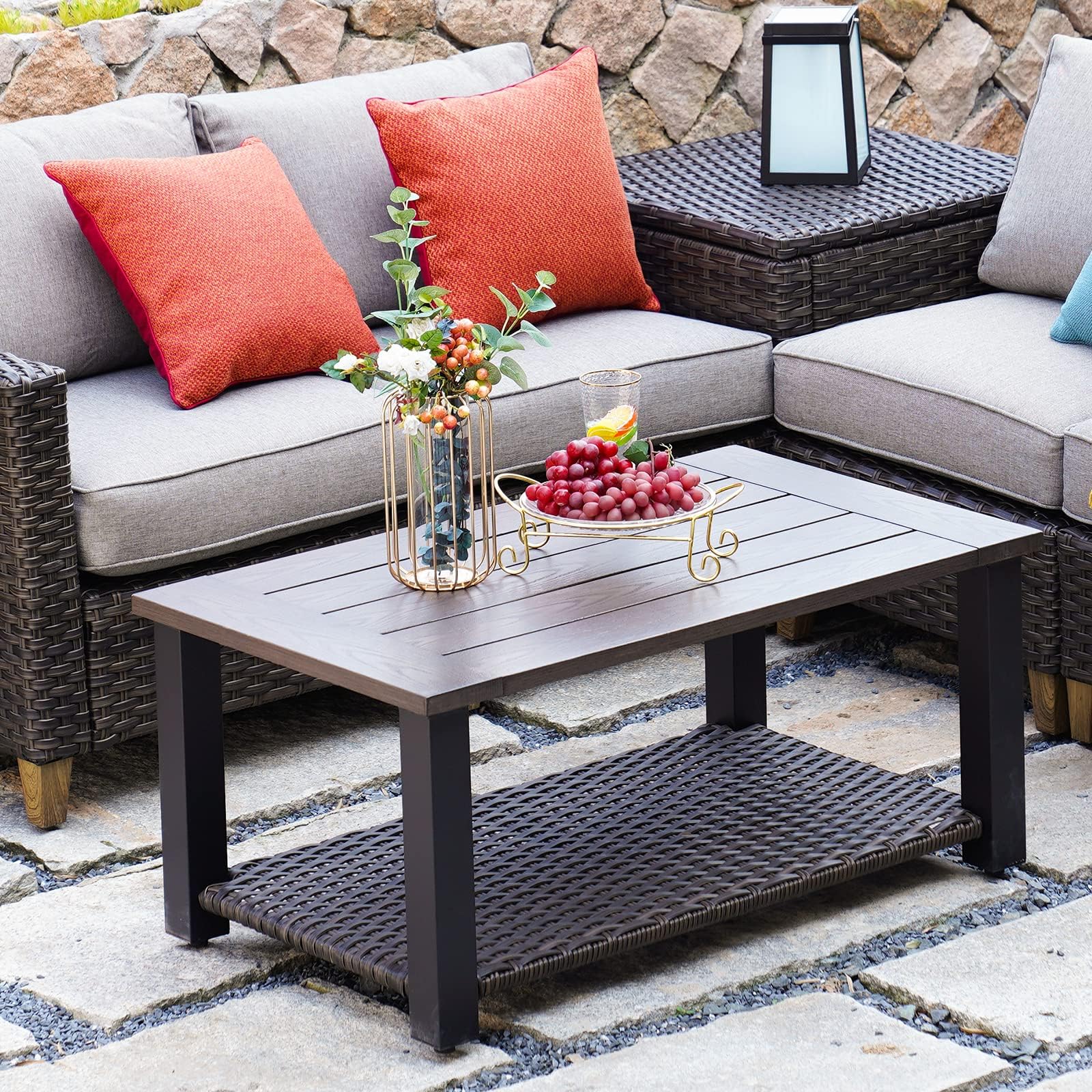 Grand patio Outdoor Coffee Table 40In Aluminum Steel Side Table Modern Rectangle Fits with Conversation Set All-Weather Resin Wicker Storage Shelf Wood Grain Finish Tabletop