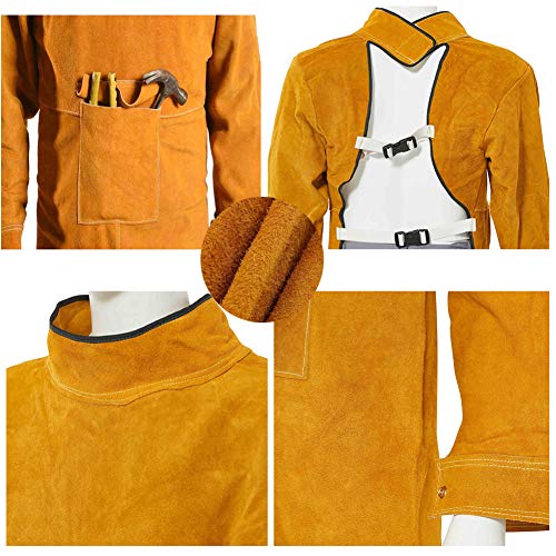 Jewboer Leather Welding Apron with Sleeve,Heavy Duty Welding Jacket,Heat Flame Resistant Weld Coat for Men Women,XL