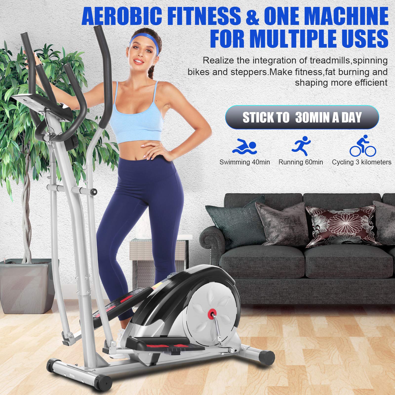 Elliptical Exercise Machine, Elliptical Machine for Home Use Elliptical Trainer with LCD Monitor and Adjustable Magnetic Resistance 350lbs Capacity