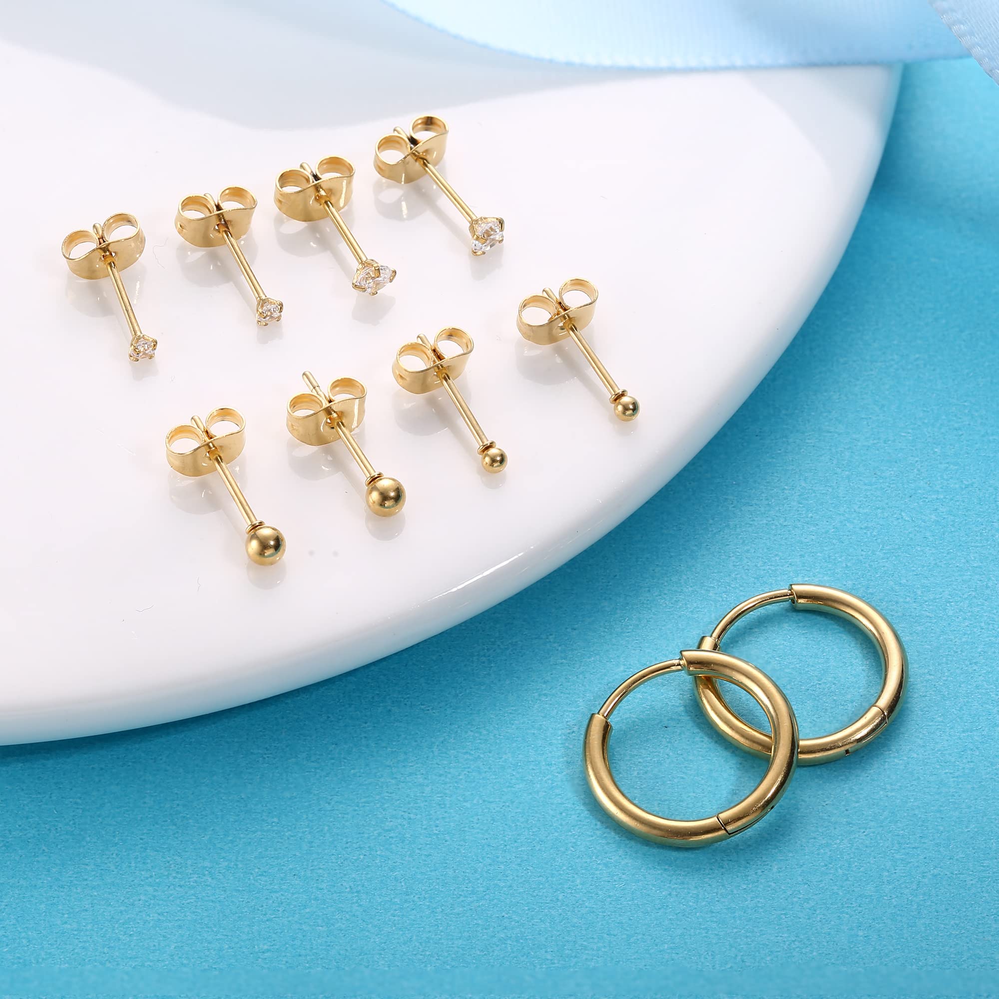 FASACCO G23 Titanium Earrings Set for Multiple Piercing Hypoallergenic Earrings 2MM 3MM CZ Ball Gold Stud Earrings Set