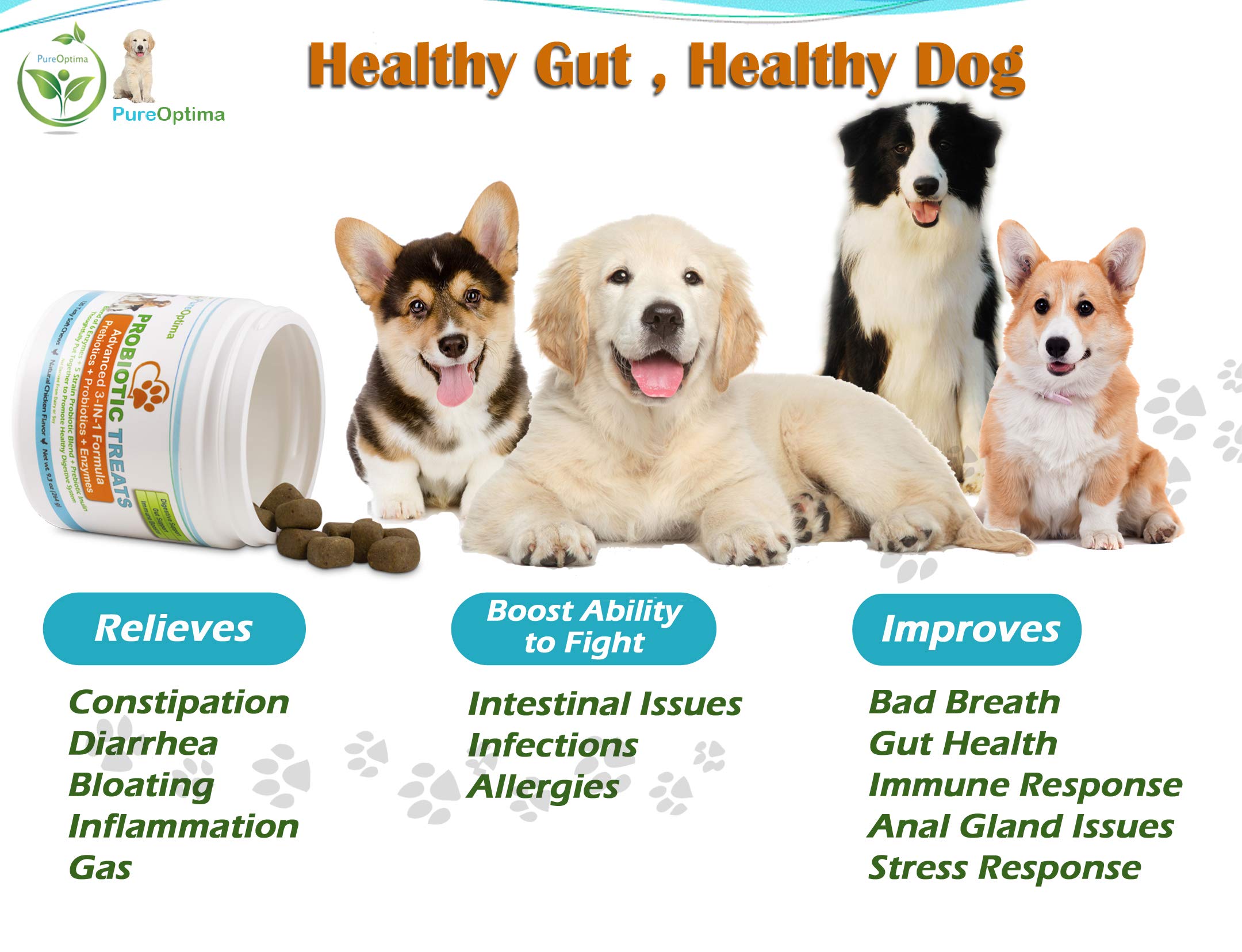 PureOptima Probiotics Chews for Dogs, Digestive Enzymes + Prebiotics Improves Digestion, Diarrhea, Constipation, Gas, Bad Breath, Leaky Gut, Allergy Immunity Daily Supplement 120 Counts