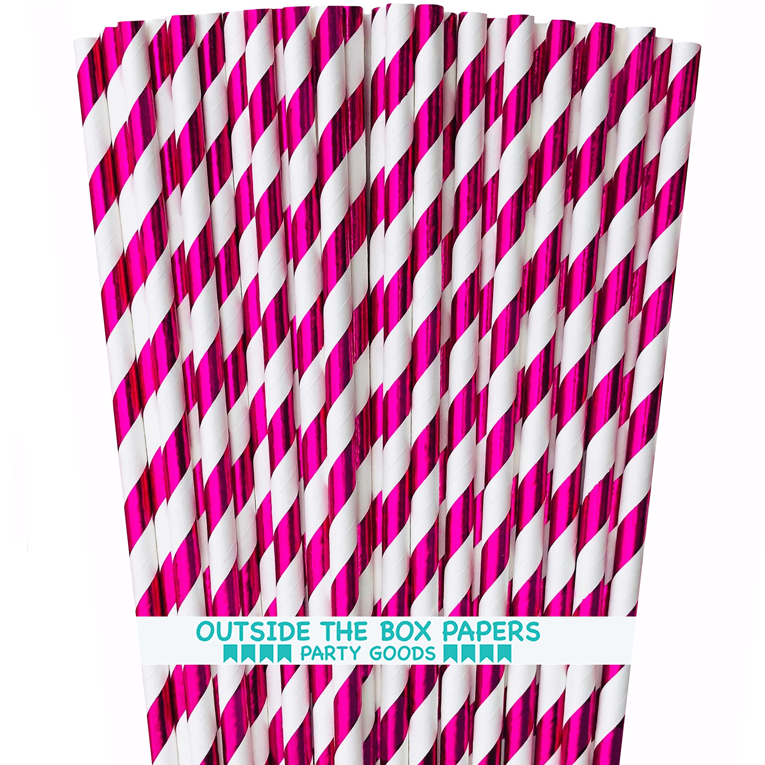 Foil Paper Straws - Hot Pink and White - Stripe Foil Paper Straws - Birthday, Valentine, Glam Party Supply - 100 Pack Outside the Box Papers Brand