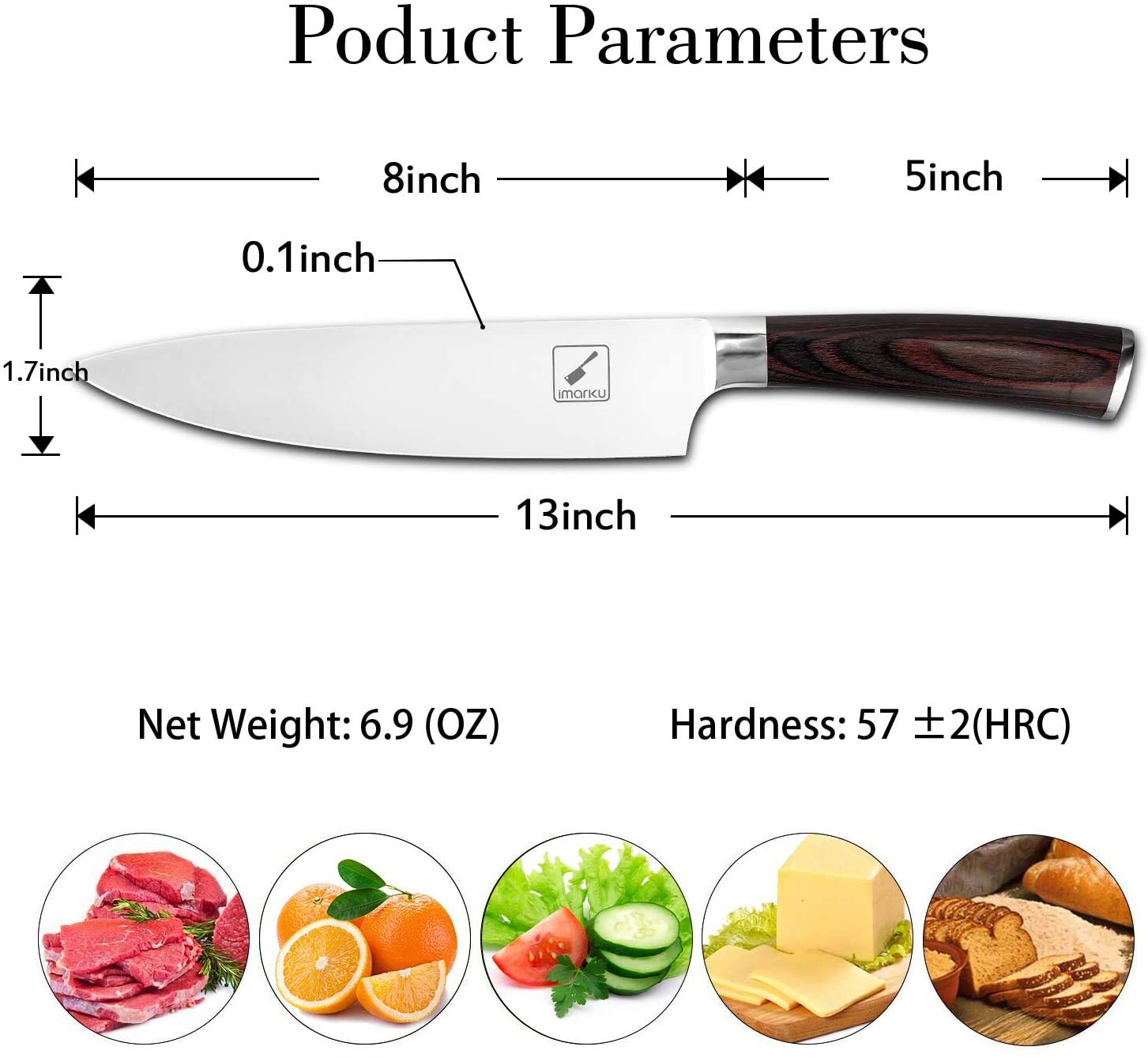 imarku Chef Knife - Pro Kitchen Knife 8 Inch Chef's Knives Japanese SUS440A Stainless Steel Sharp Paring Knife with Ergonomic Handle (Brown Handle)