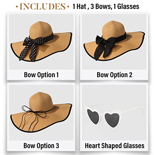 Funcredible Khaki Sun Hat for Women - Khaki Wide Brim Hat - Large Floppy Beach Hat - Straw Sun Hats with Bow and Heart Shape Glasses (Black Rim)