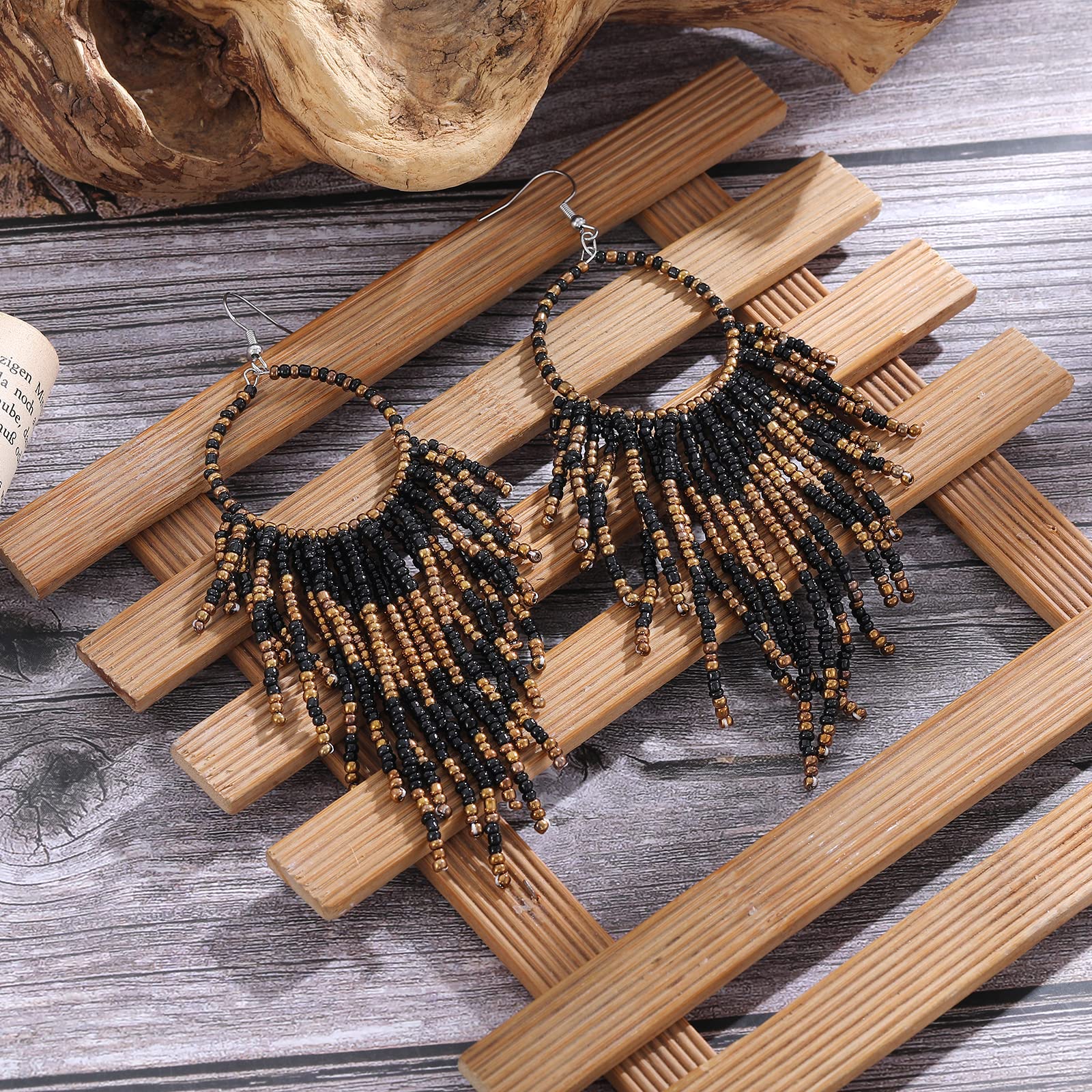 DoreenBow Long Beaded Tassel Black Earrings Boho Hoop Beaded Dangle Earrings Handmade Seed Bead Earrings Black and Gold Fringe Drop Earrings for Women and Girls