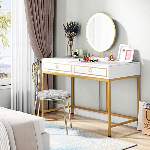 LITTLE TREE Drawers Computer Desk, 43.31β W x 21.65β D x 31.5βH, White and Gold