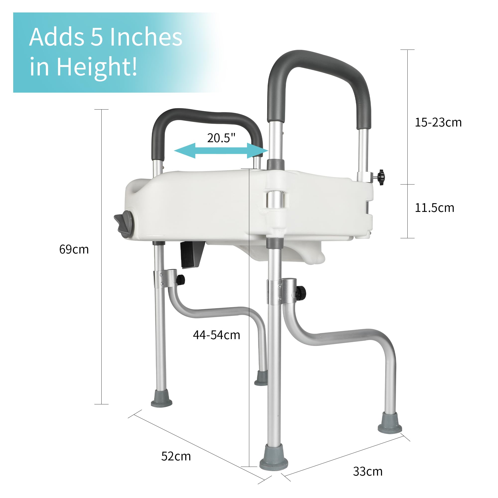 Lock Raised Toilet Seat with Handles, 5 Inch Toilet Seat Riser Heavy Duty with Adjustable Arms and Legs Fits Most Toilets, Elevated Toilet Seat 300 LBS(Regular, Grey+White)
