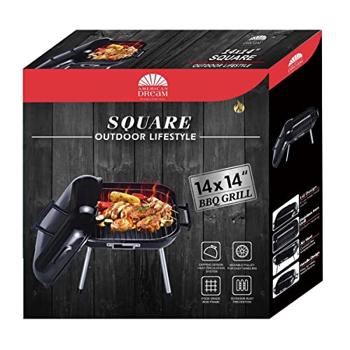 J&V TEXTILES BBQ Square Grill, 14 Inch Portable Charcoal Grill, Lightweight Grill for Barbecue Party, Dual Vents for Temp & Charcoal Control