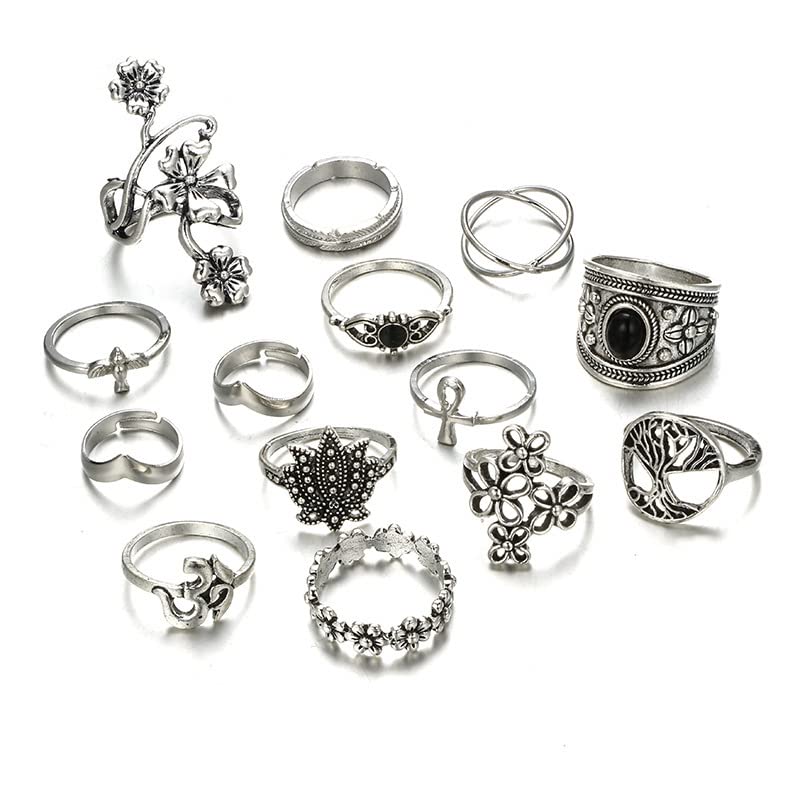 Fashion Ladies Vintage Lotus Openwork Carved Black Gemstone Rings 14 Piece Combination Set (style 1)