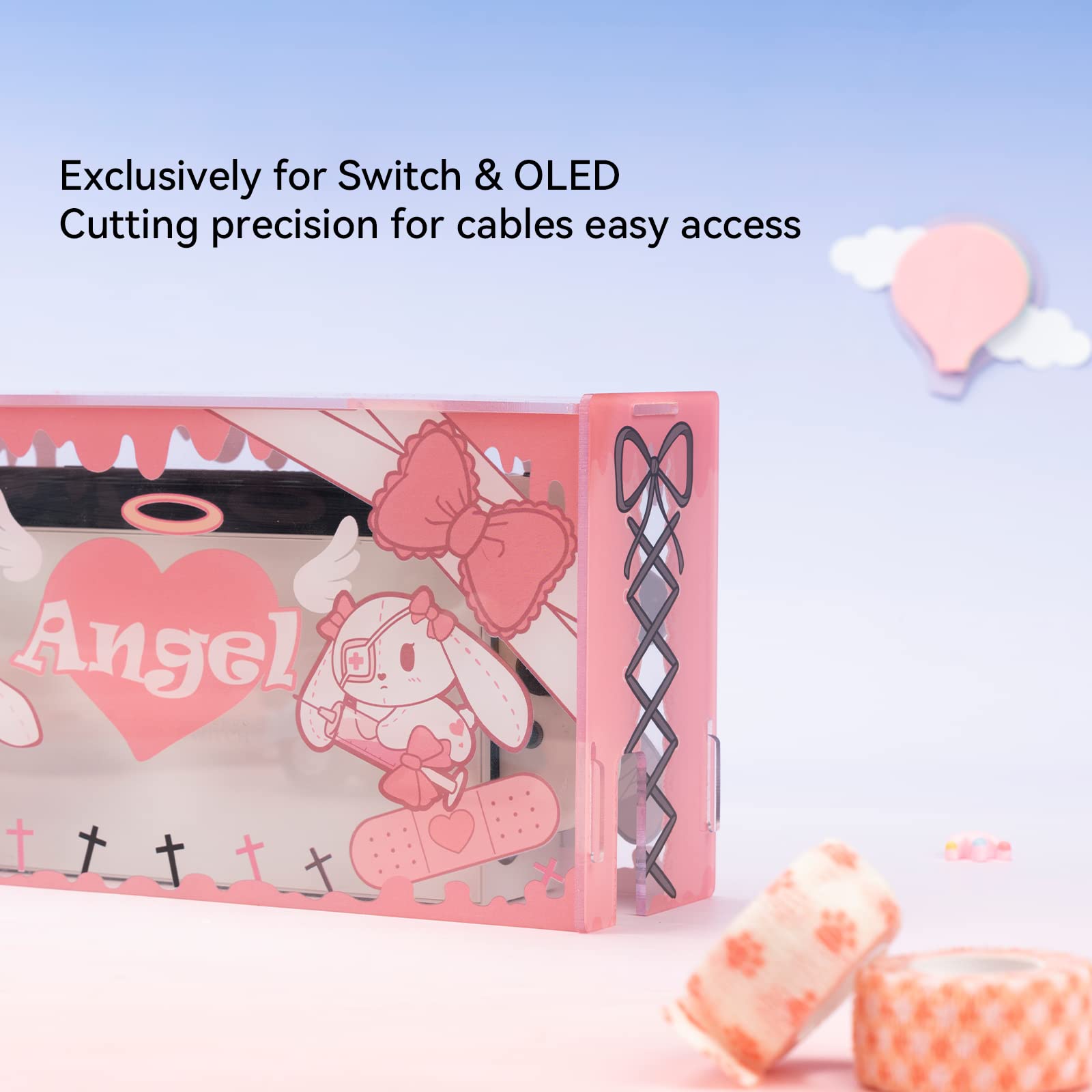 GeekShare Acrylic Clear Dust Display Box Cover for Switch/OLED Dock, Assemble Waterproof Cover Case Compatible with Nintendo Switch/OLED Charging Dock Accessories - Gothic Bunny