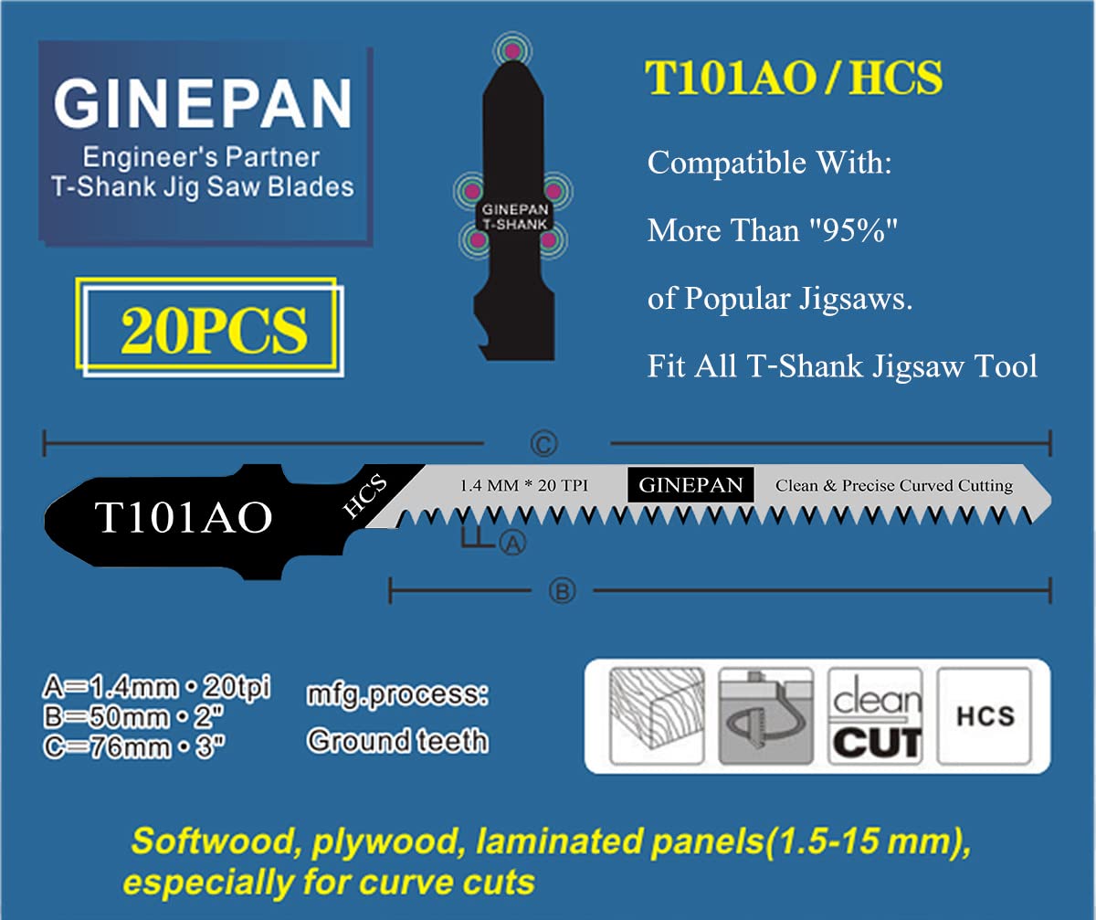 Jigsaw Blades T Shank 20PCS T101AO with Case, Compatible with Dewalt Bosch Black and Decker Jig Saw Blades Set for Wood, 3 in. 20 TPI Curved & Scrolling Fine Finish Cuts