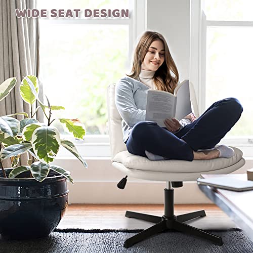 LEMBERI PU Leather Armless Office Desk Chair No Wheels,Criss Cross Legged Home Office Wide Padded Swivel Vanity Chair,120°Rocking Mid Back Ergonomic Computer Task Chair for Make Up,Small Space