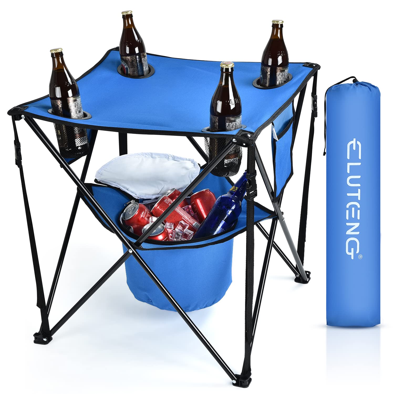 ELUTENG Folding Camping Table with Cooler Portable Camping Table with 4 Cup Holder Lightweight Compact Folding Picnic Table with Storage Bag for Picnic, Fishing, Hiking, Barbecue