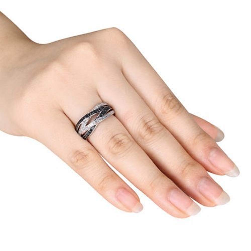 DOCCESTU 925 Silver Jewelry Black & White Sapphire Two Tone Black and White Pave Cubic Zirconia CZ Criss-Cross X Band Ring Size 6-10 (US Code 7)
