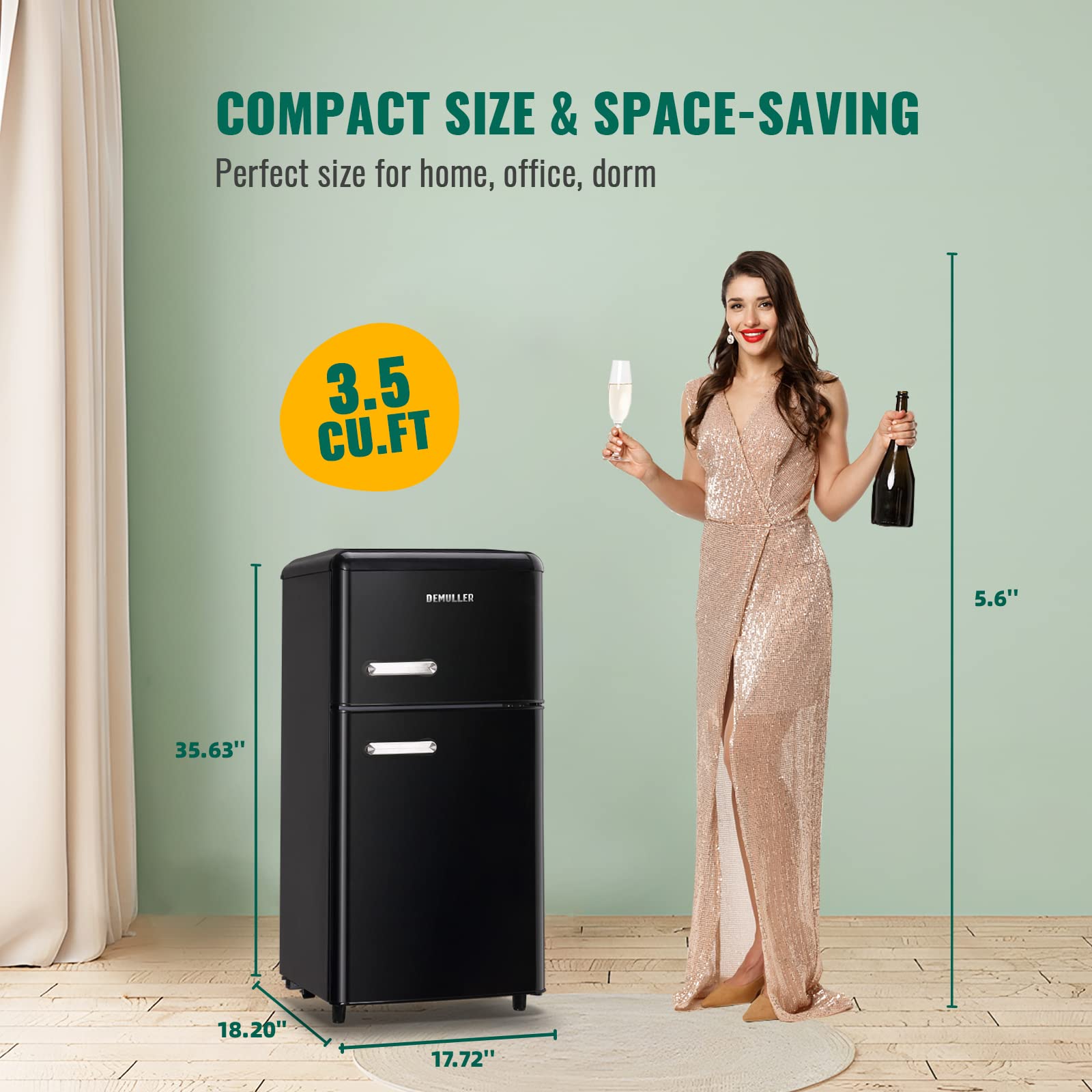 DEMULLER 3.5 CU.FT Mini Fridge with Freezer Compact Retro Refrigerator Dual Door Handles 7 Temp Adjustable Temp LED Lights Removable Storage Shelves for Dorm Apartment Office Black