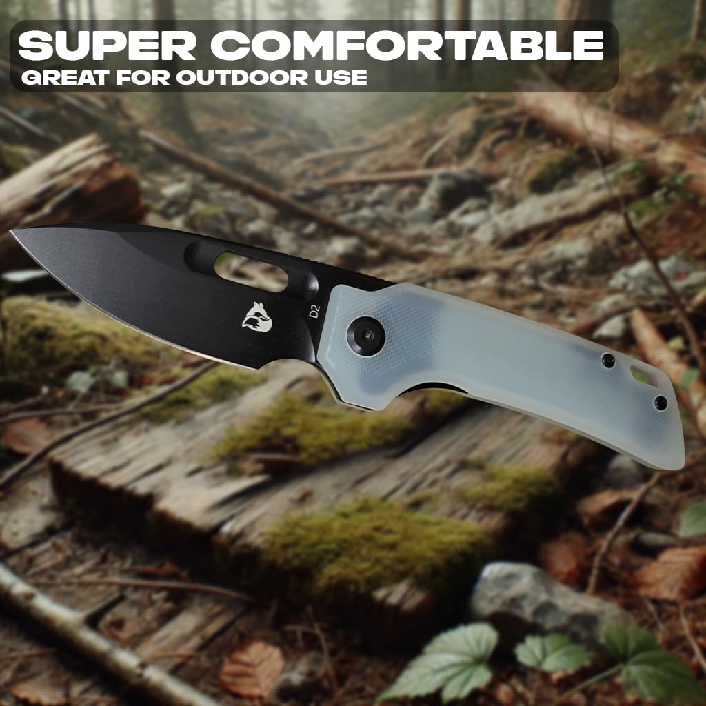 LOST FOXES Pathfinder Pocket Knife | Best Gifts for Men & Women | D2 Steel Blade, G10 Handle | EDC Folding Knife for Camping, Survival, Hiking | Small, Sharp Pocket Clip | Perfect for Dad, Husband, or Backpack Gear