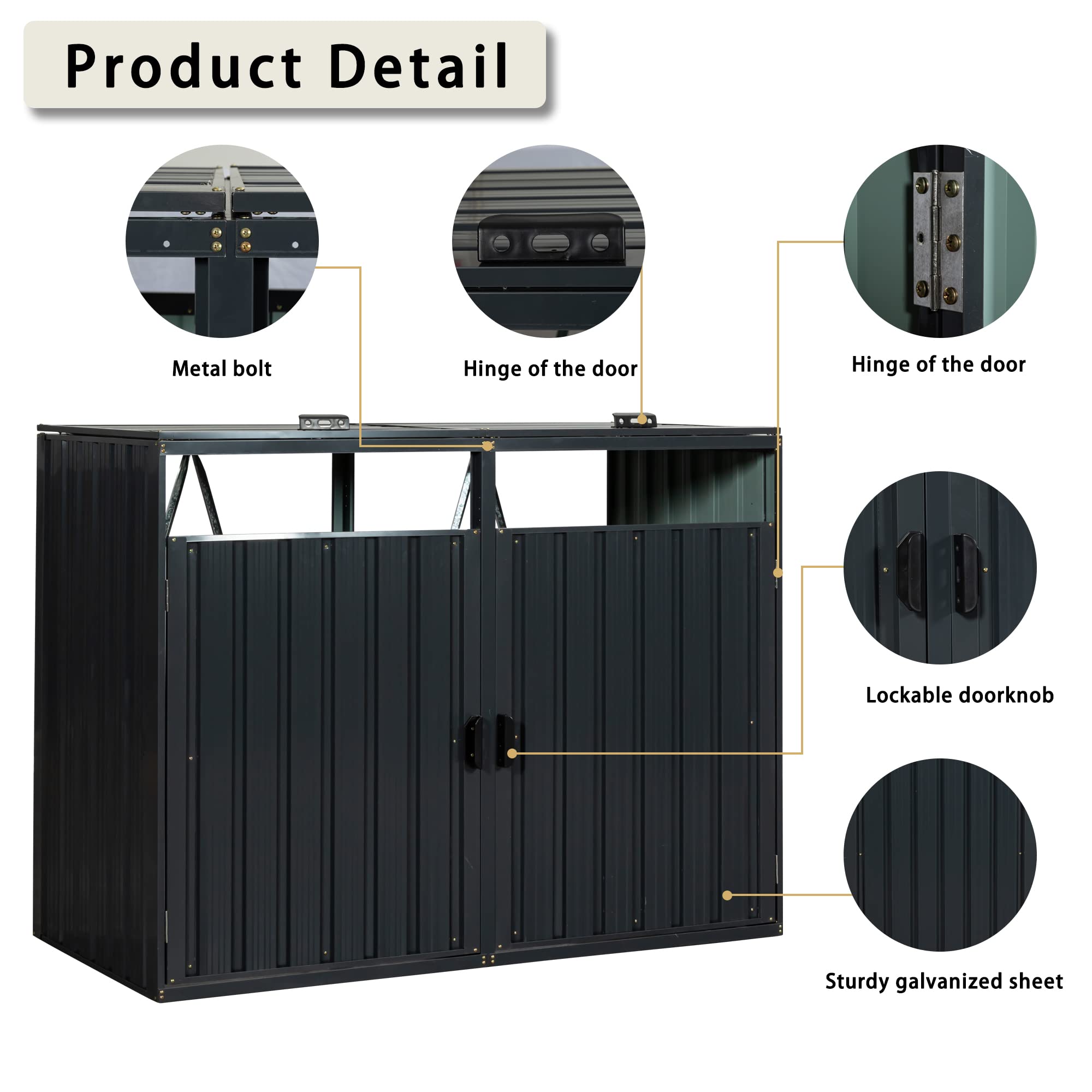Homtique Outdoor Trash Can Storage Shed, Garbage Bin Shed for 2 Trash Cans and Tools, Stainless Galvanized Steel, Metal Trash Can Shed for Garden Yard Lawn