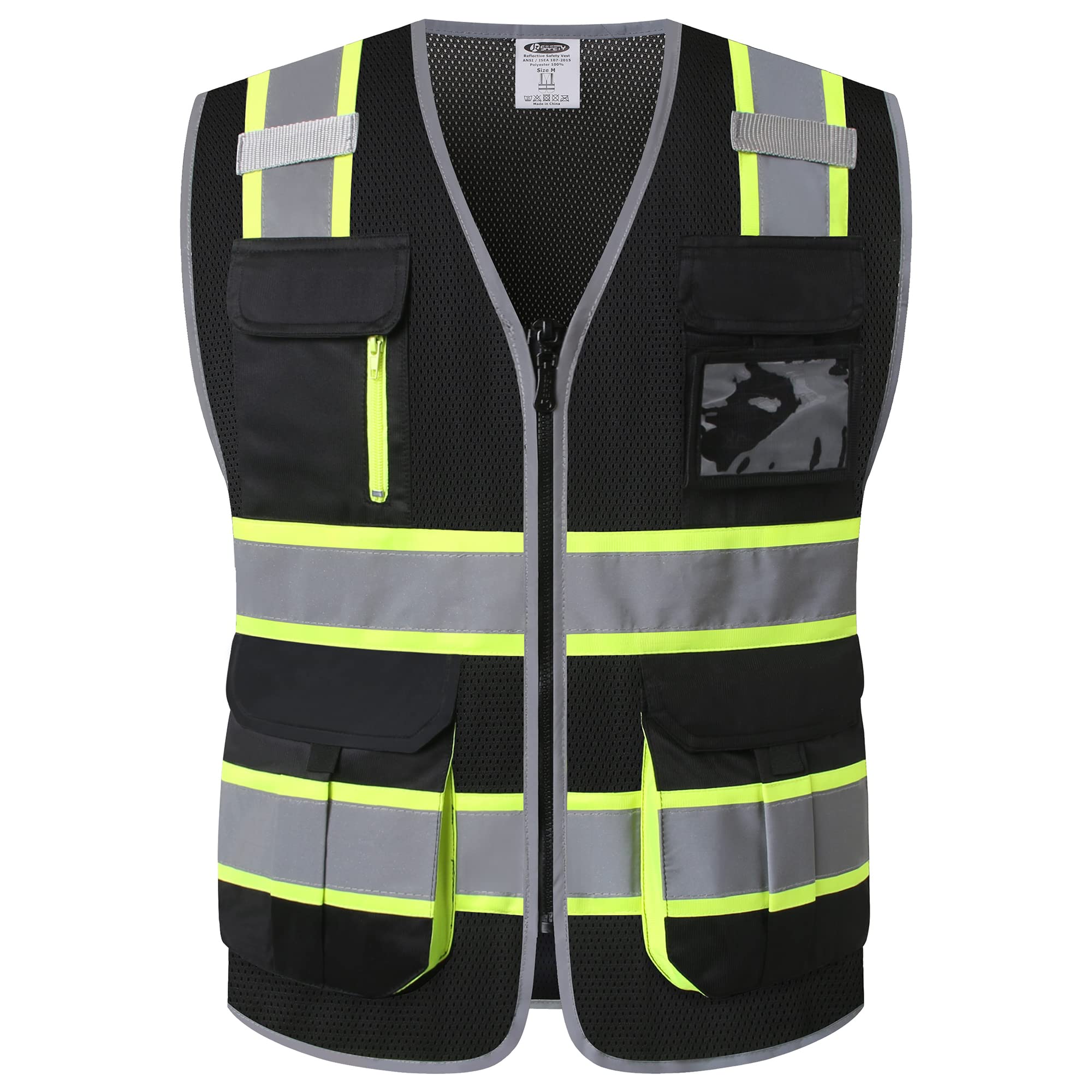 JKSafety 9 Pockets Hi-Vis Mesh Safety Vest for men and women | Chaleco reflectante de seguridad | Zipper Front | Multiple Pockets | Class 1 (140-Black XL)