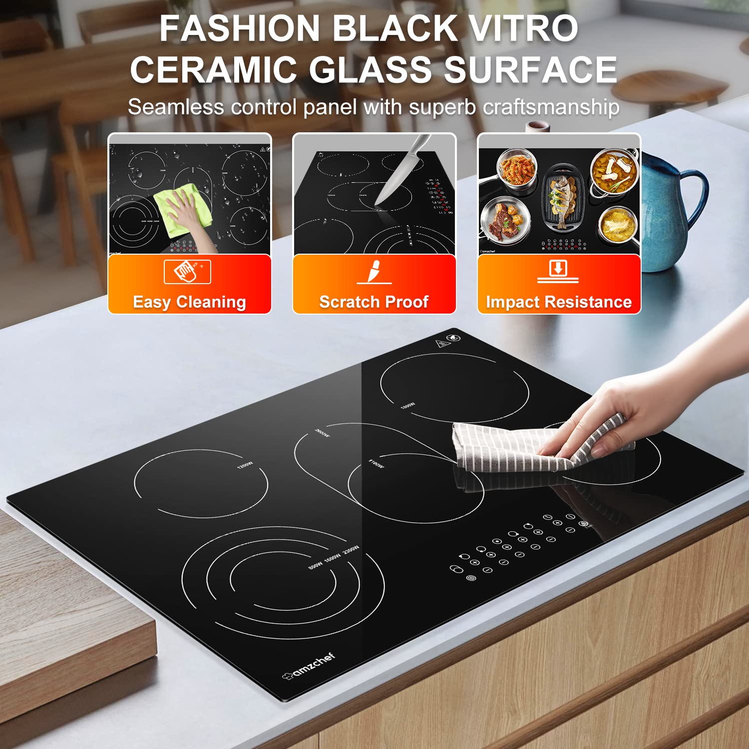 Electric Cooktop 30 Inch, AMZCHEF Built-in Electric Stove Top, 240V Countertop Stove Cooktops With 5 Burners, 9 Heating Level, Timer & Kid Safety Lock, Sensor Touch Control
