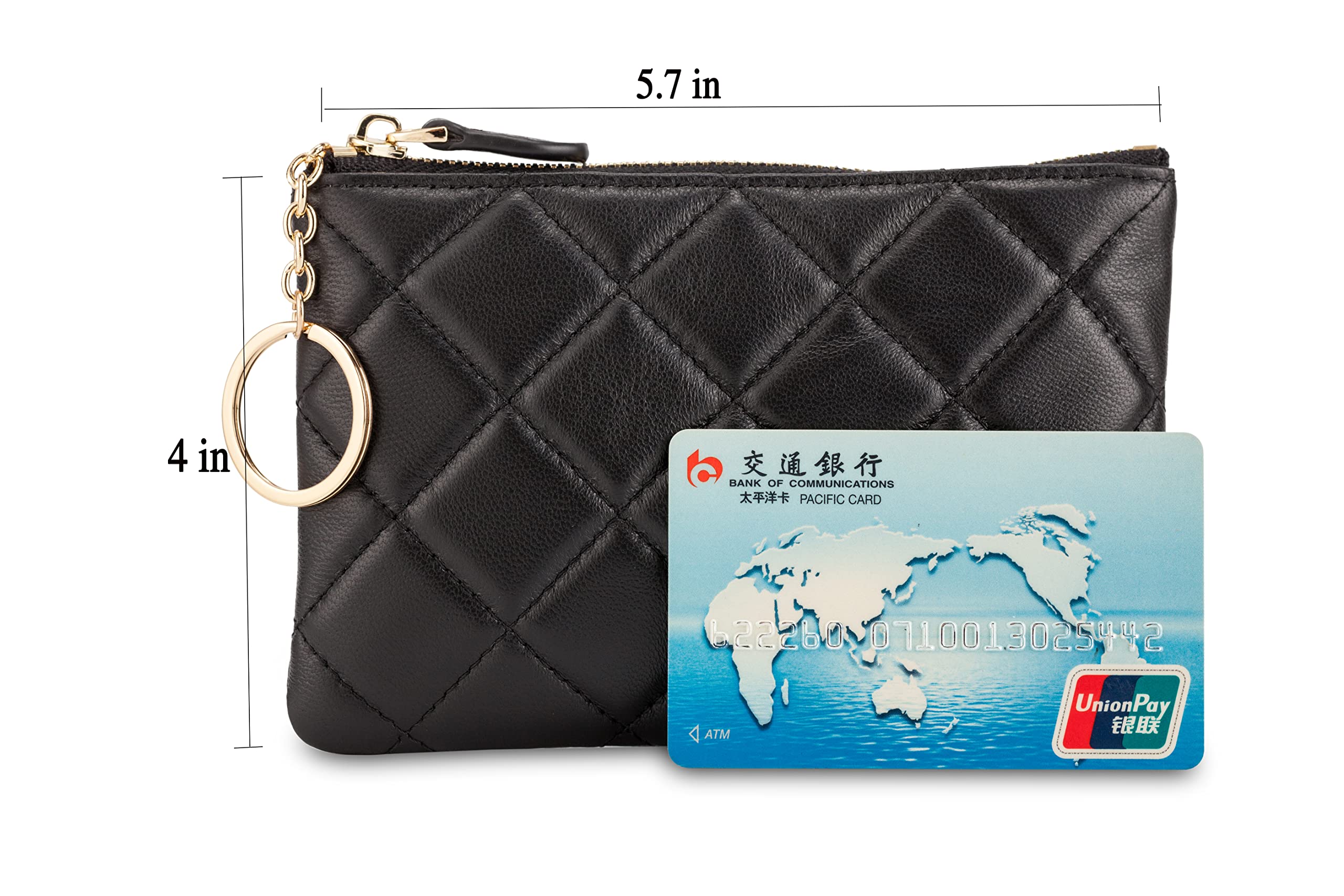 DORIS&JACKY Soft Lambskin Leather Coin Purse Small Quilted RFID Blocking Top Zipper Wallet With Keychain (Black)