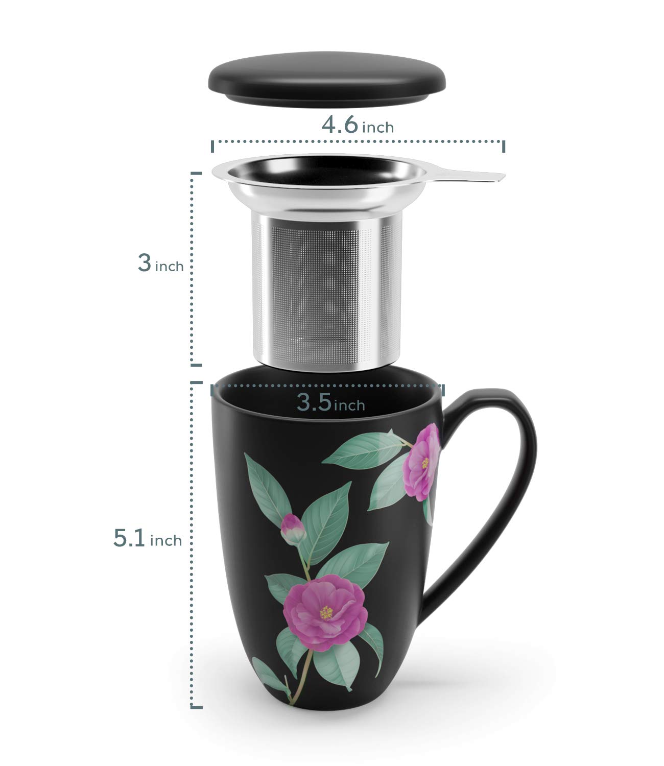 immaculife Tea Cup with Infuser and Lid Ceramic Tea Mug with Lid Teaware with Filter 16oz, Black Floral Print