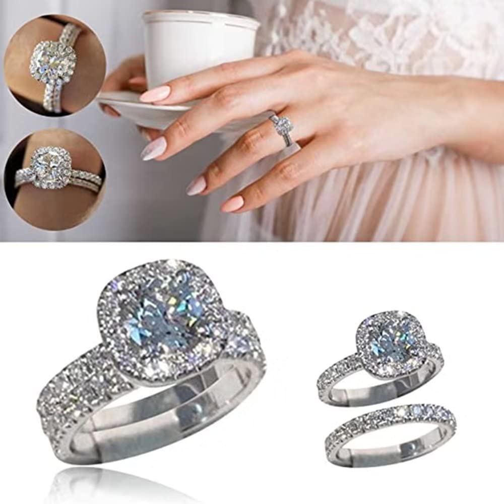 Fashion Square inlaid zircon ring wedding ring for women ring round diamond wedding gift Mother's Day(size,9)