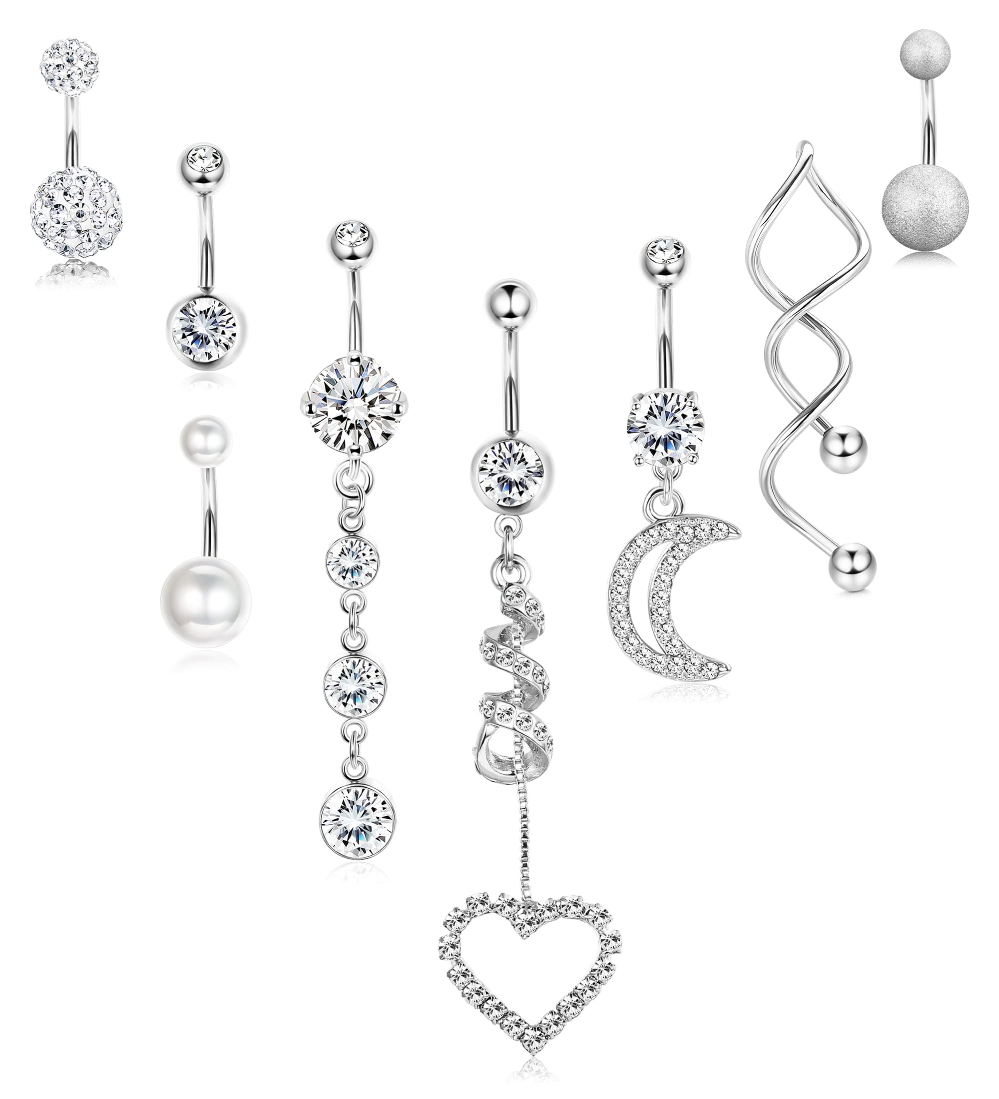 Dochais 8PCS Belly Button Ring, Surgical Steel Belly Rings for Women Dangle Belly Button Rings Sparkling CZ Pearl Belly Piercing Jewelry