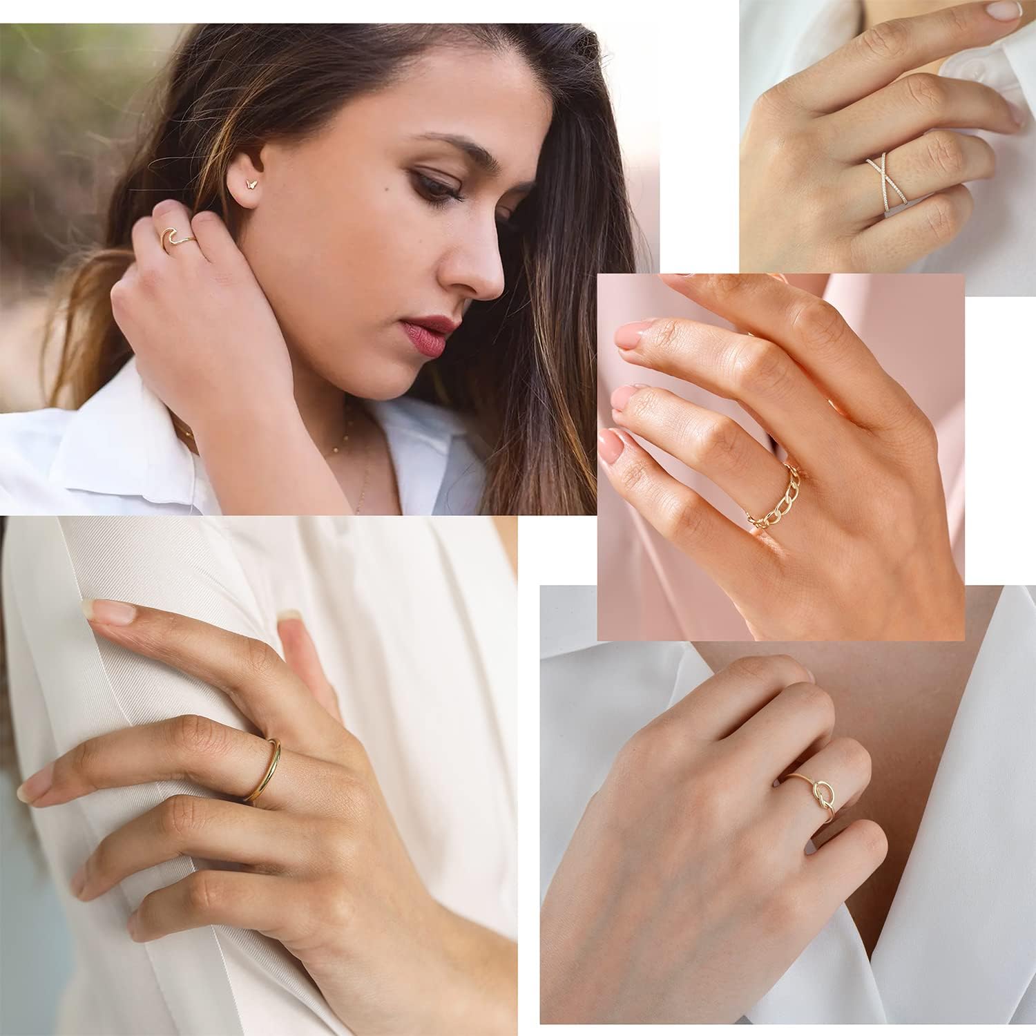 FUNEIA 8PCS 14K Gold Plated Stacking Rings for Women Size 4 to Size 12 Gold Silver Stackable Knuckle Rings Set for Teen Knot Wave Simple Thumb Thin Wedding Plain Band Rings