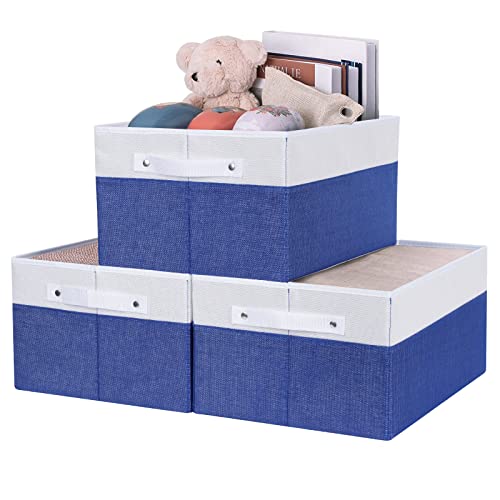 Livememory Storage Baskets for Shelves, Decorative Rectangle Storage Bins for Closet Organization Foldable Storage Baskets for Organizing, Navy Blue & White, 3-Pack