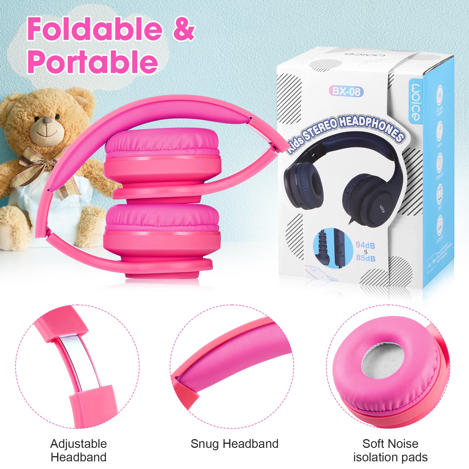 Kids Wired Headphones with Microphone, 85/94dB Volume Limiter, Shareport, Foldable Adjustable Stereo Tangle-Free 3.5MM Wire Cord Over-Ear Headphone for Smartphones/PC/Tablet/School/Trip(Pink)