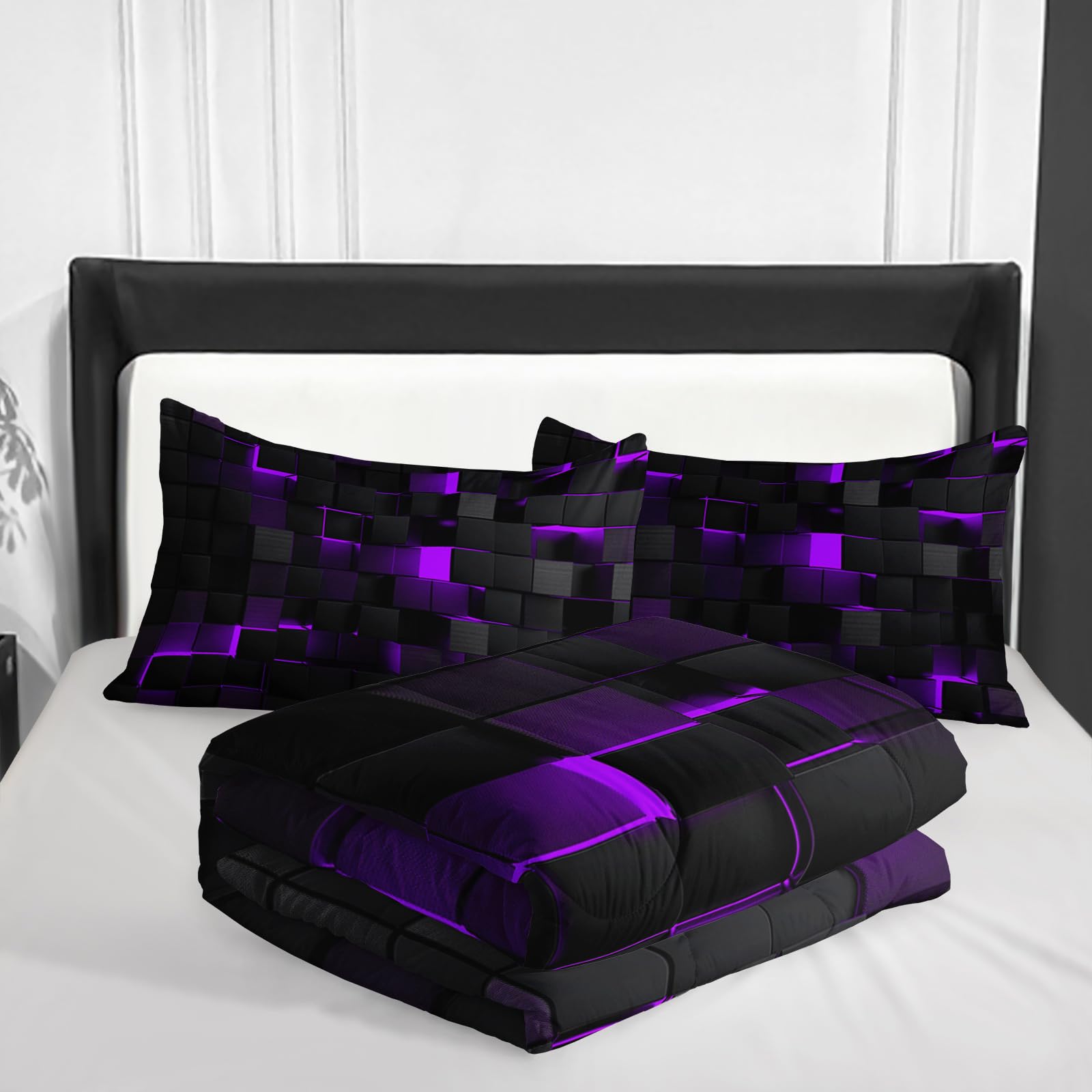 Geometric Violet Black Comforter Set,Light Honeycomb 3 Piece Bedding Set Full Size for Teen Boys,Modern Bedding Quilt Set Geometry Decor,Microfiber Lightweight 1 Comforter 2 Pillowcases All Season