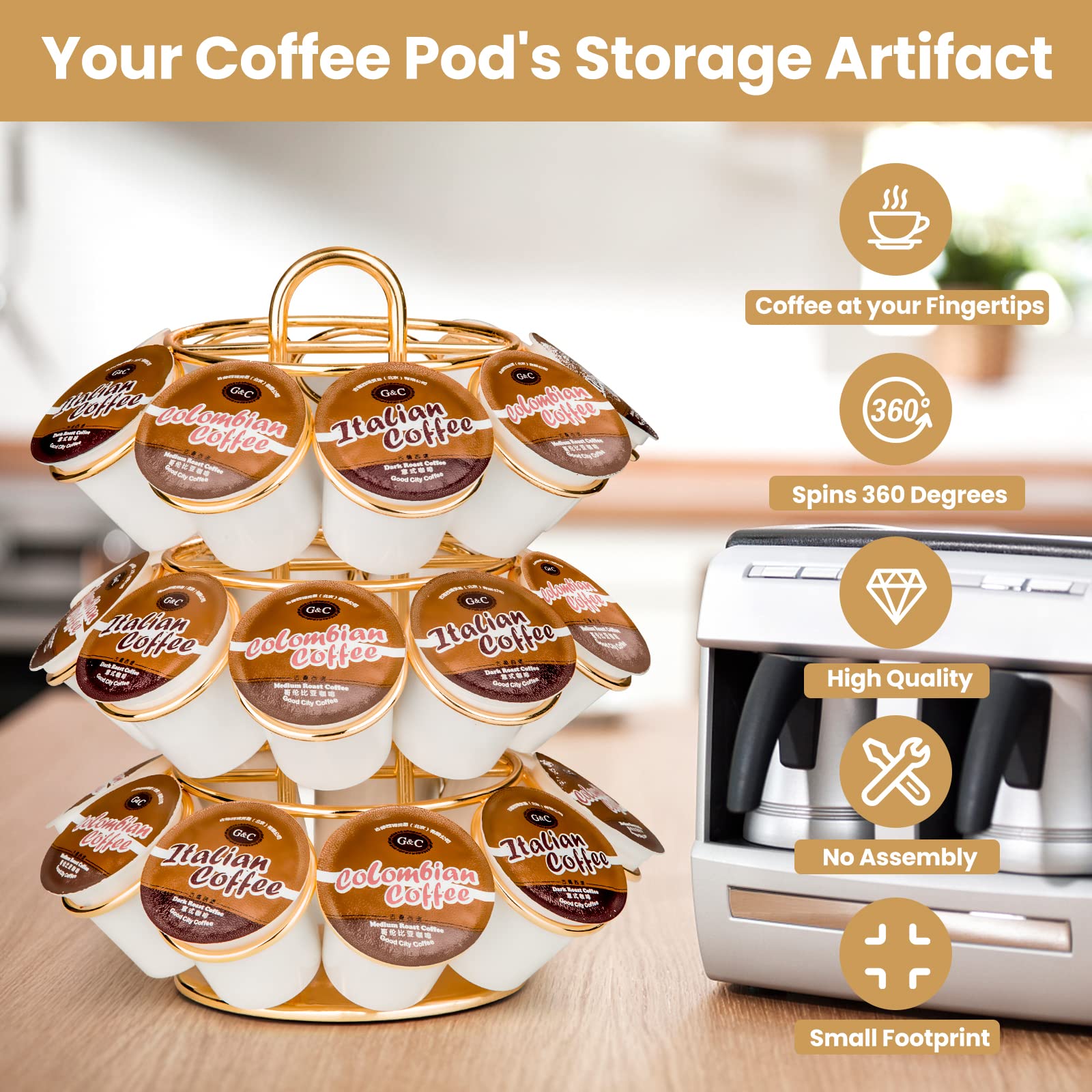 KREWEY Coffee Pod Holder, K Cup Holders,Coffee Pod Storage Compatible with K Cups (27 Pods), Spins 360-Degrees Coffee Pod Carousel Holder Organizer, Modern Gold Design (Round,Shining Gold)