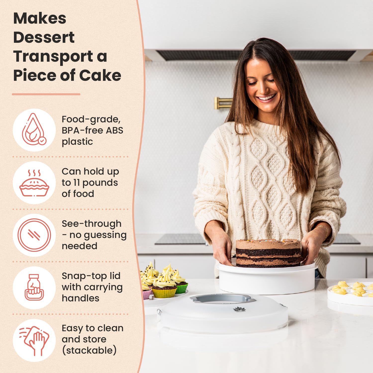 Lotus Fine Goods Premium 4 in 1 Cupcake Carrier with Lid - Cupcake, Deviled Egg, Pie & Cake Container - Includes Pie Crust Shield & 12 Silicone Baking Cups