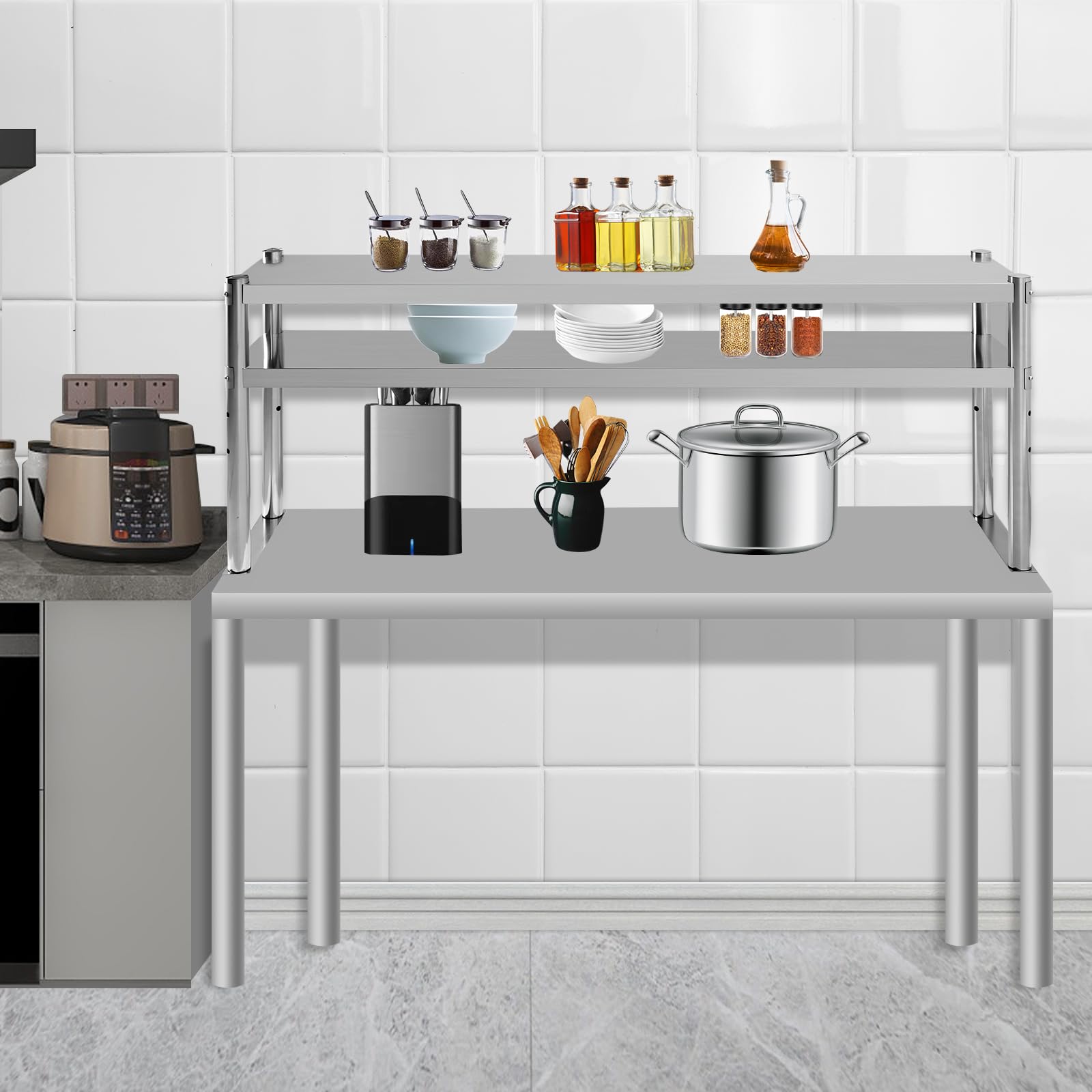 OUKIDR Double Overshelf, Stainless Steel Overshelf 2 Tier Commercial Double Overshelf for Kitchen Prep & Work Table,12" X 60"