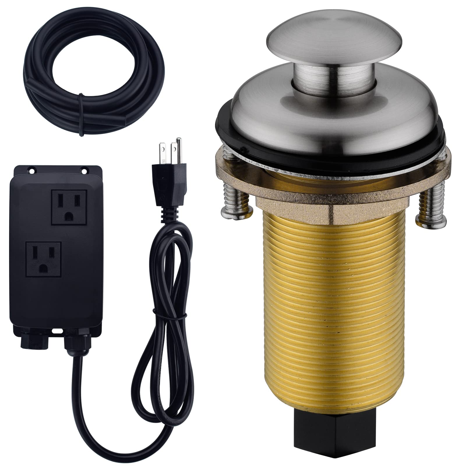 Garbage Disposal Air Switch Kit,With Long Button (Solid Brass) for Sink Top,With Power Module & Cabel,Food Waste Disposals Replacement Parts,Brushed Gold
