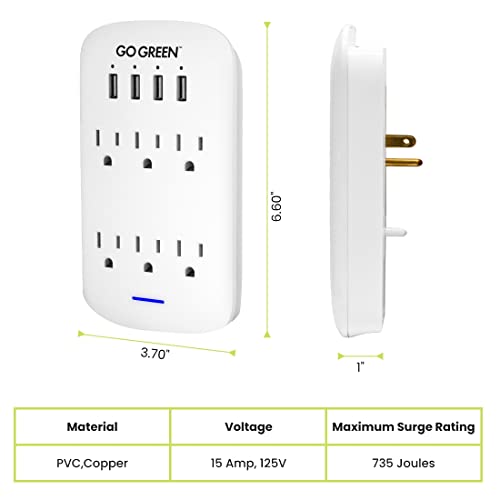 GoGreen Power (GG-16000USB4) 6 Outlet 2.4 AMP USB Wall Tap Adapter with USB Ports and Surge Protection, 735 Joules Surge Rating, White