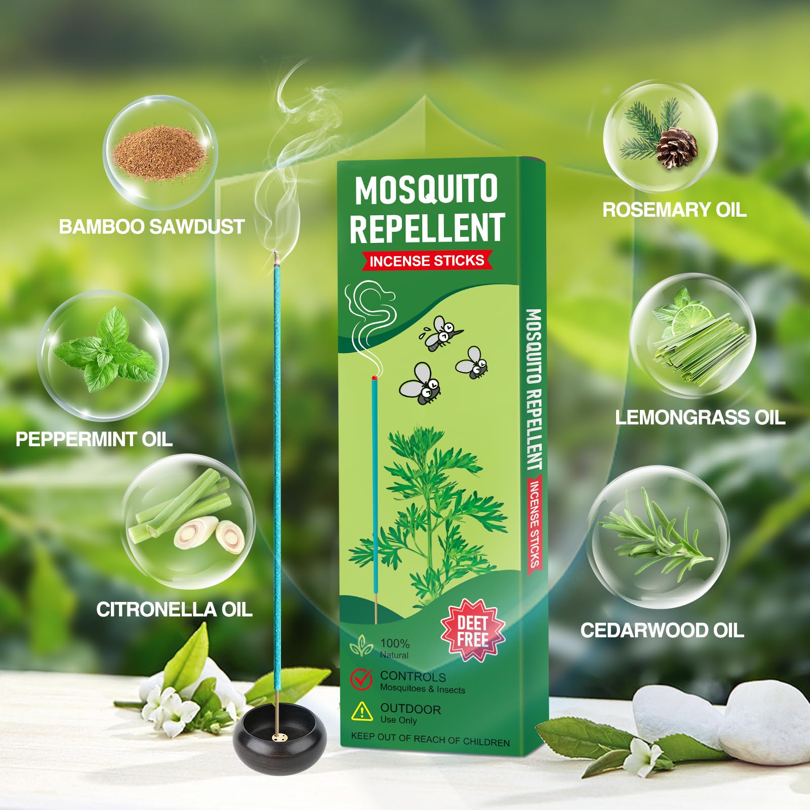 Lousye Mosquito Repellent Sticks, DEET Free Plant-Based Mosquito Repellent Outdoor Patio Incense Sticks (Green-180)
