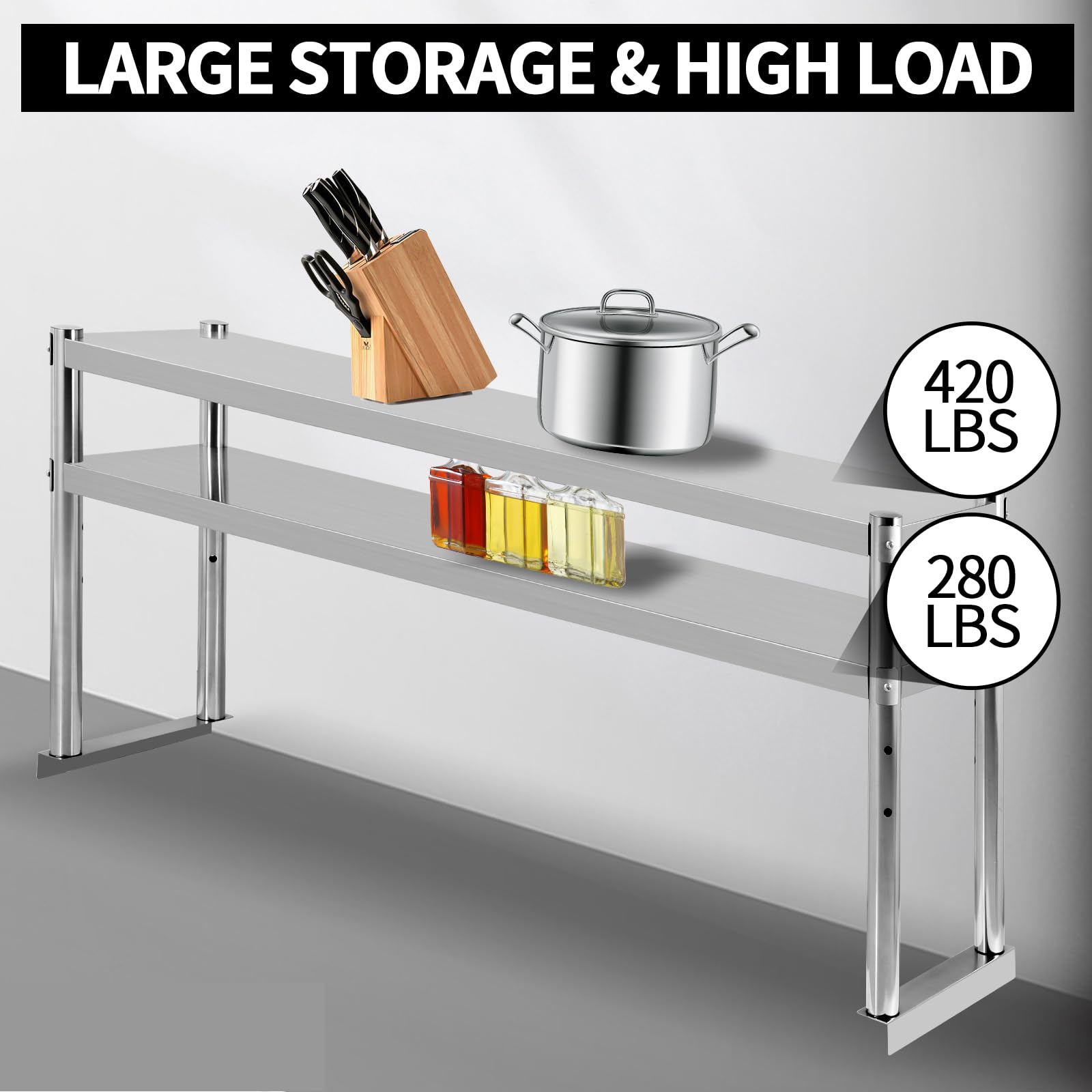 OUKIDR Stainless Steel Overshelf, Commercial Double Overshelf 2 Tier for Prep & Work Table in Kitchen, Restaurant & Home,12" X 60"